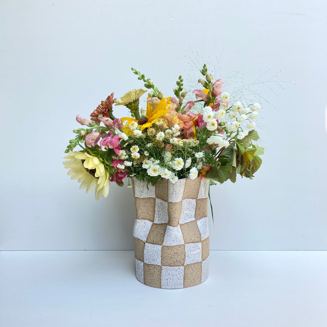 Ceramic Checkered Container / Ceramic Checker Wide Vase With Speckled ...