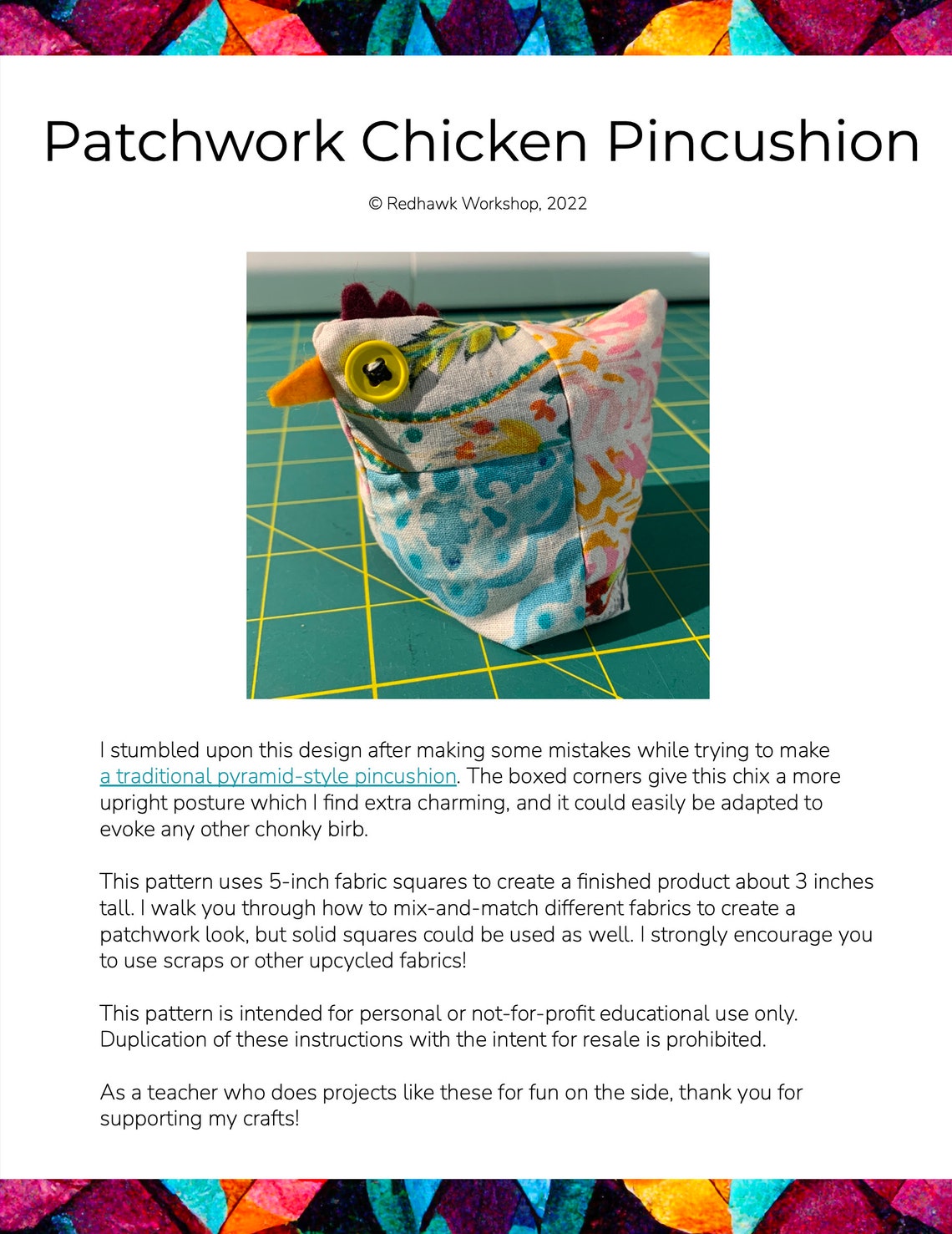 Patchwork Chicken Pincushion PATTERN PDF - Etsy