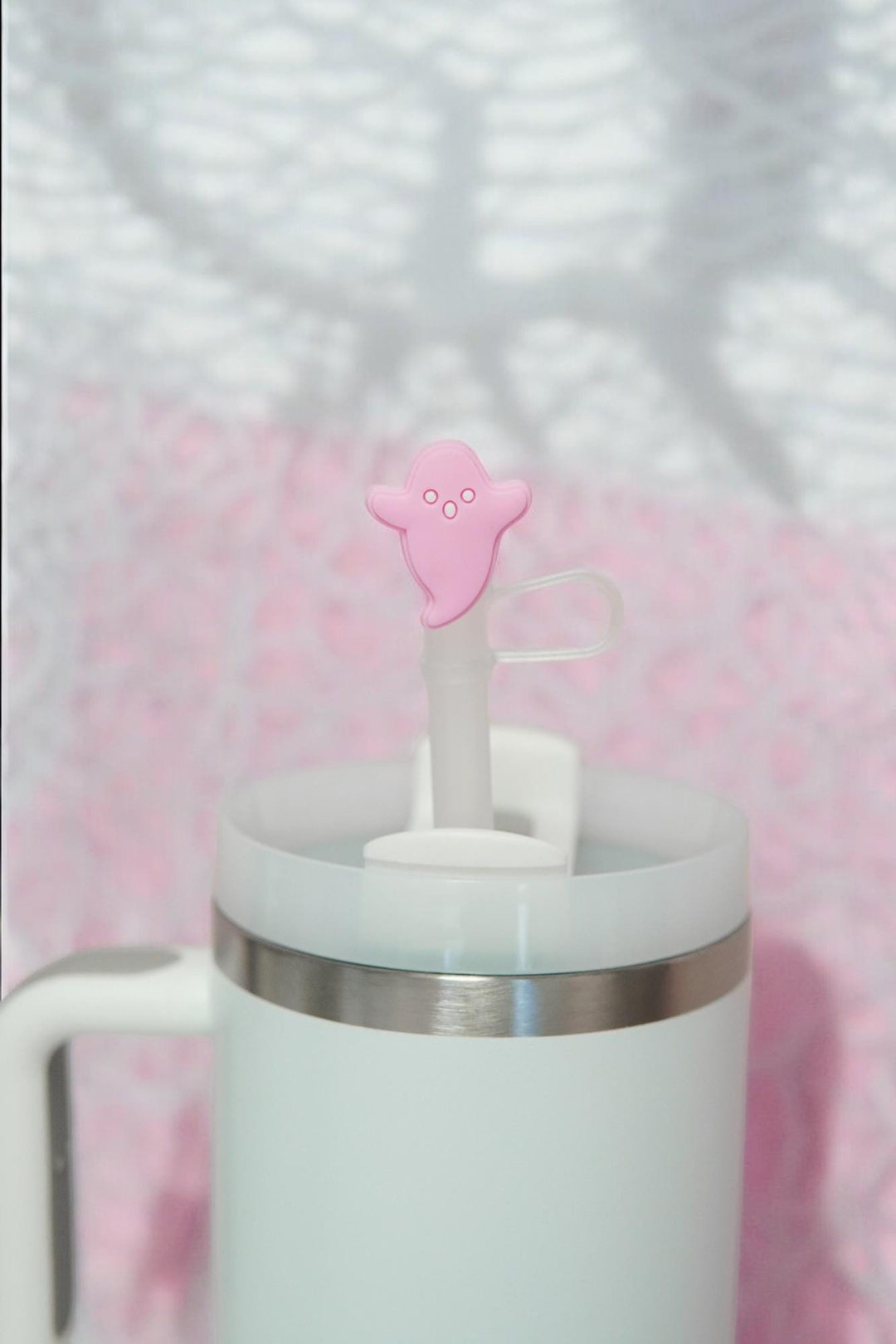 Pink Ghost Straw Topper Cover, Stanley Tumbler, Drink Topper Drink Cup ...