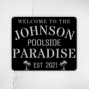 Poolside Paradise Swimming Pool Patio Metal Sign, Pool and Bar, Tiki ...