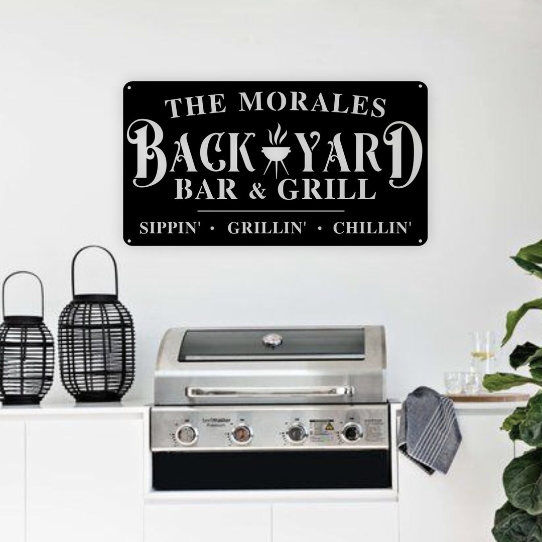 Personalized Backyard Bar & Grill Metal Sign, Custom Patio Sign, Metal ...
