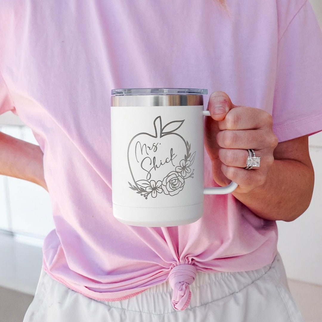 Personalized Teacher Coffee Mug, Travel Mug, Floral Apple With Teacher ...