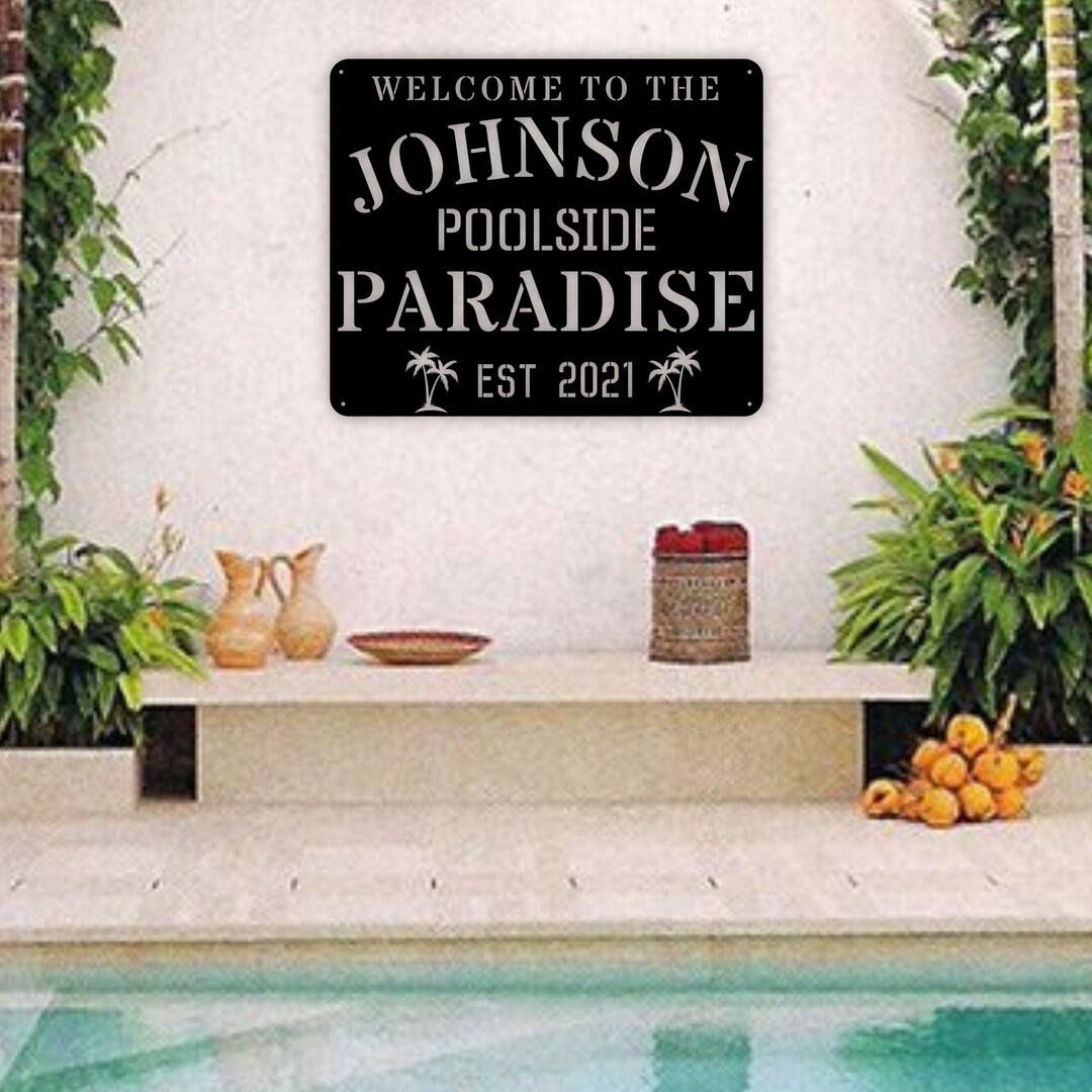 Poolside Paradise Swimming Pool Patio Metal Sign, Pool and Bar, Tiki ...