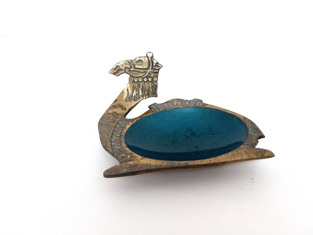 True Vintage Footed Camel Ashtray, Engraved Brass in Gold and Blue ...