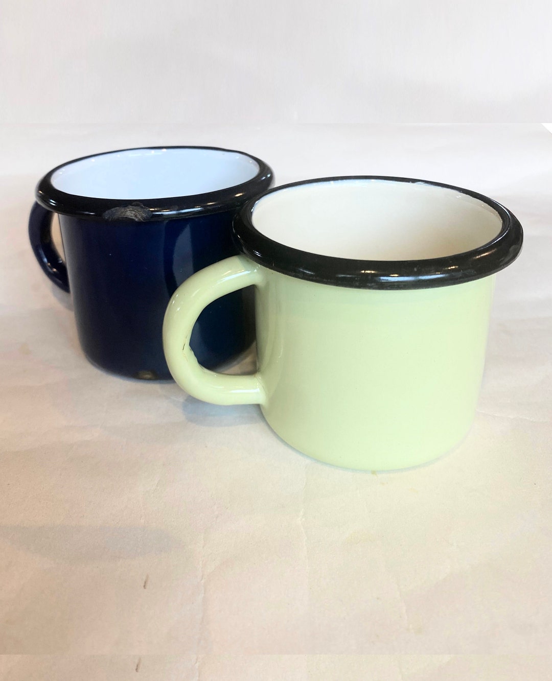 Two Small Handled Enamel Yellow and Blue Cups, Vintage Kitchen Rustic ...