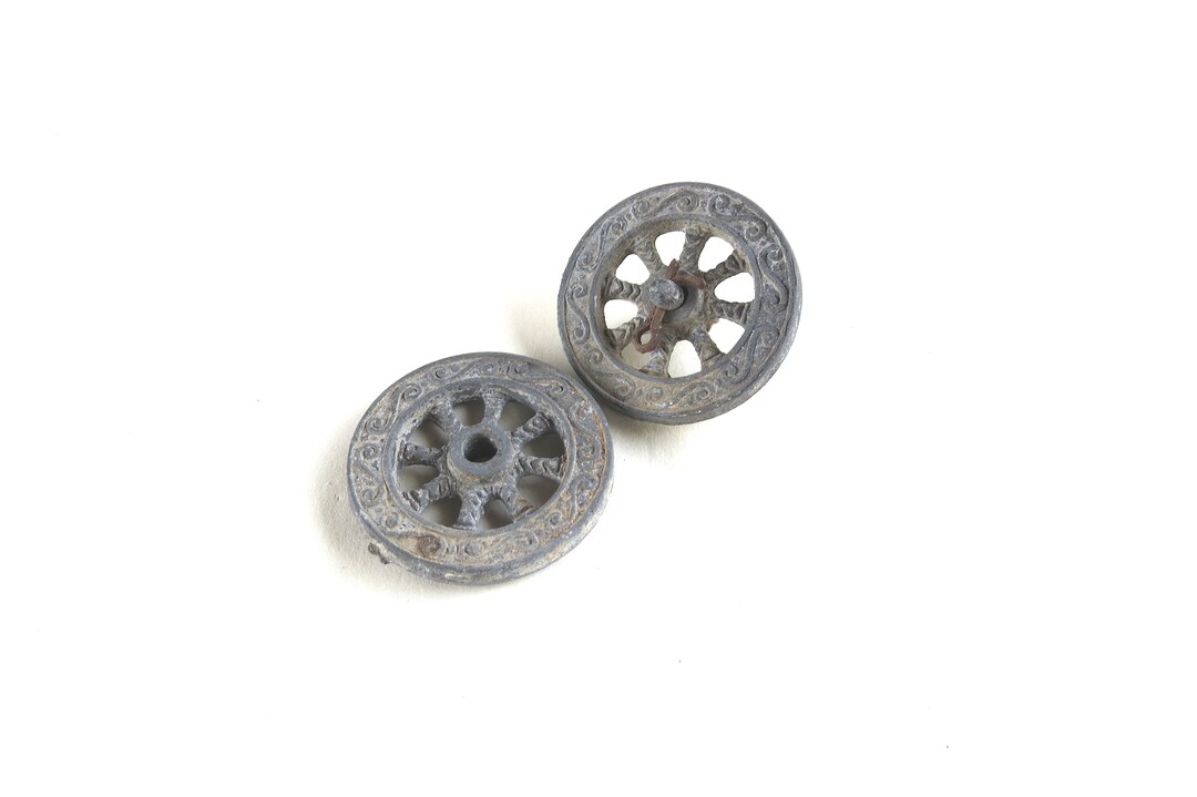 A Pair of Small Antique Like Pewter Wheels, Old Grey Metal Cartwheels ...