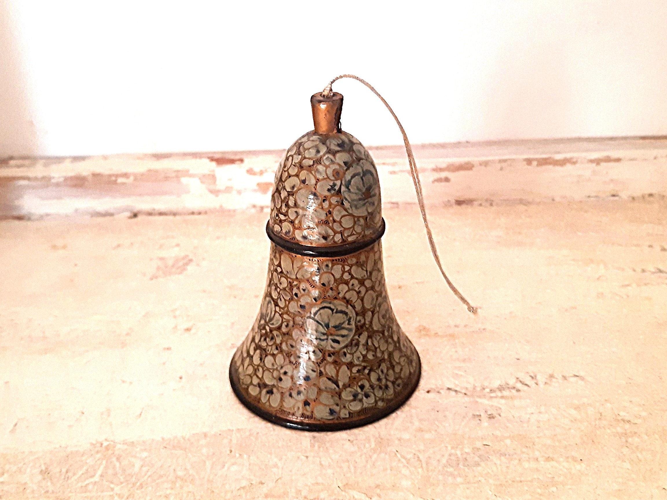 Golden Blue Floral Delicate Tall Wood Bell, Black on the Inside. With a ...