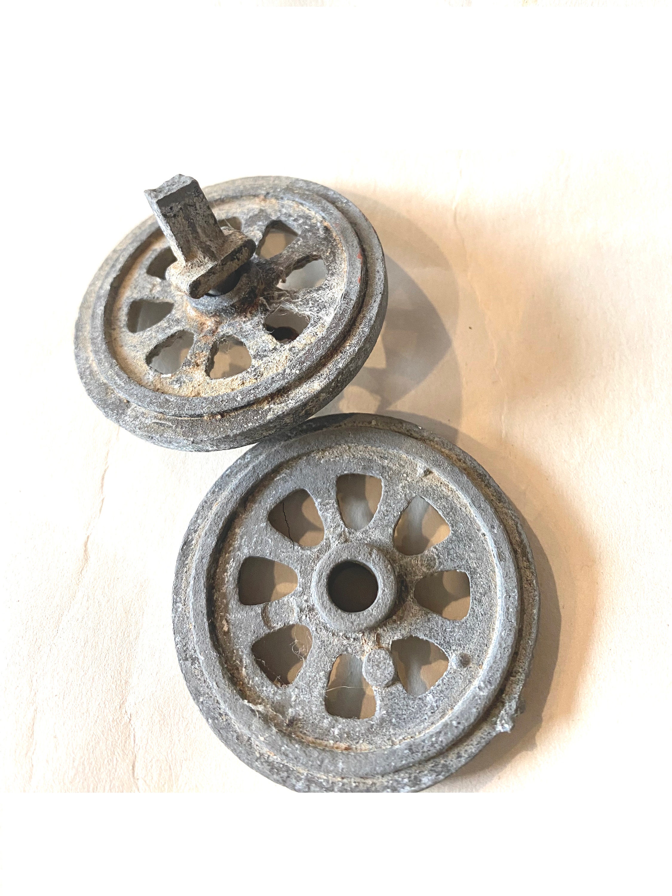 A Pair of Small Antique Like Pewter Wheels, Old Grey Metal Cartwheels ...