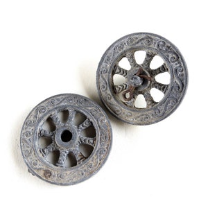 A Pair of Small Antique Like Pewter Wheels, Old Grey Metal Cartwheels ...