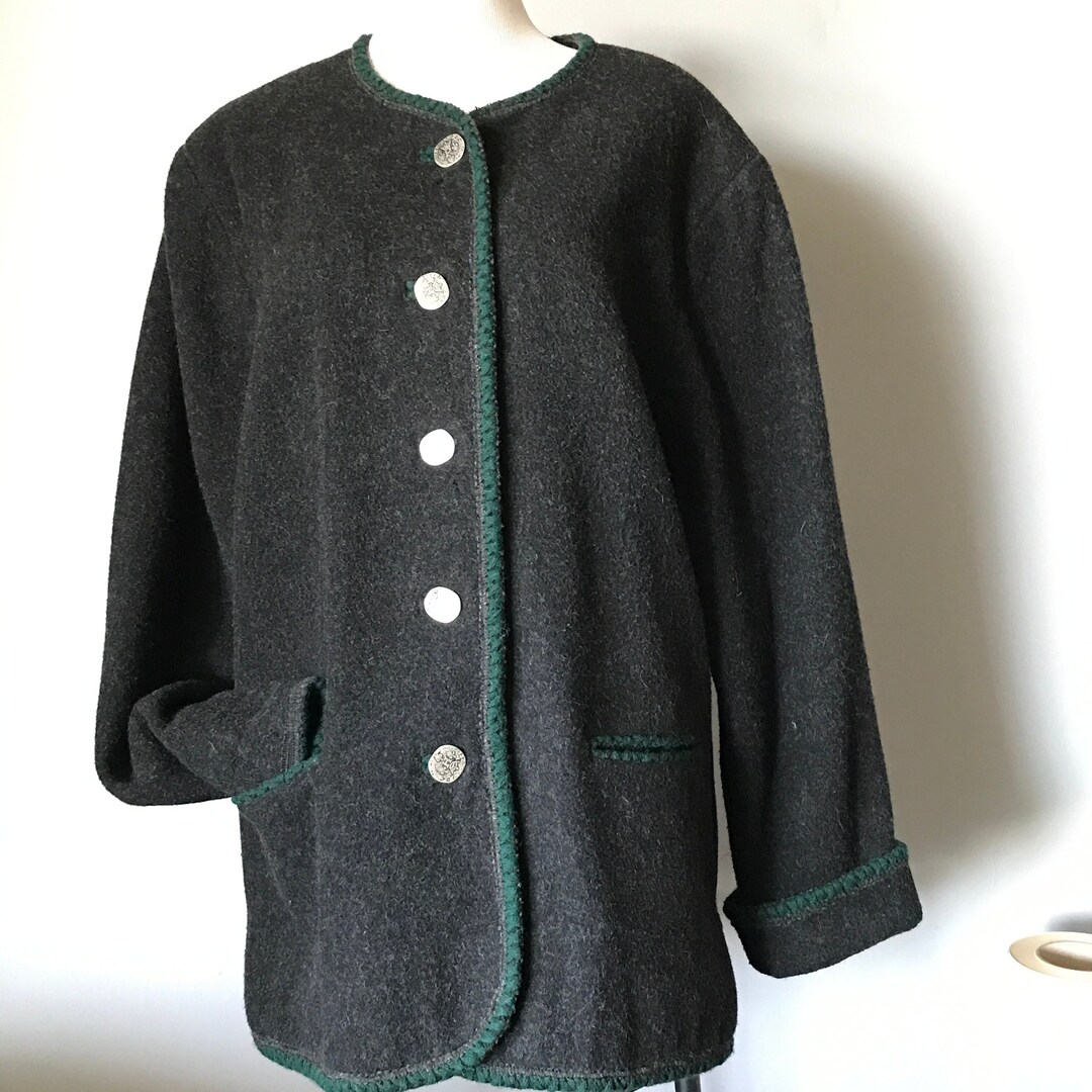 50" Bust, Long Fuzzy DARK GRAY LODEN Jacket, Fleur De Lis Buttons, 85% ...
