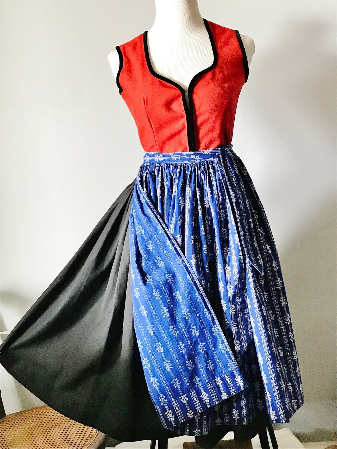Custom Made DIRNDL RED BLACK & Blue Apron, Black Velvet Trim and Piping ...