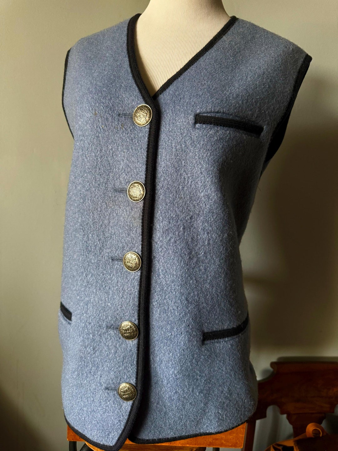 MILLED WOOL LODEN Vest, 500 Yrs Dachstein Trachten Style, Dusty Blue ...