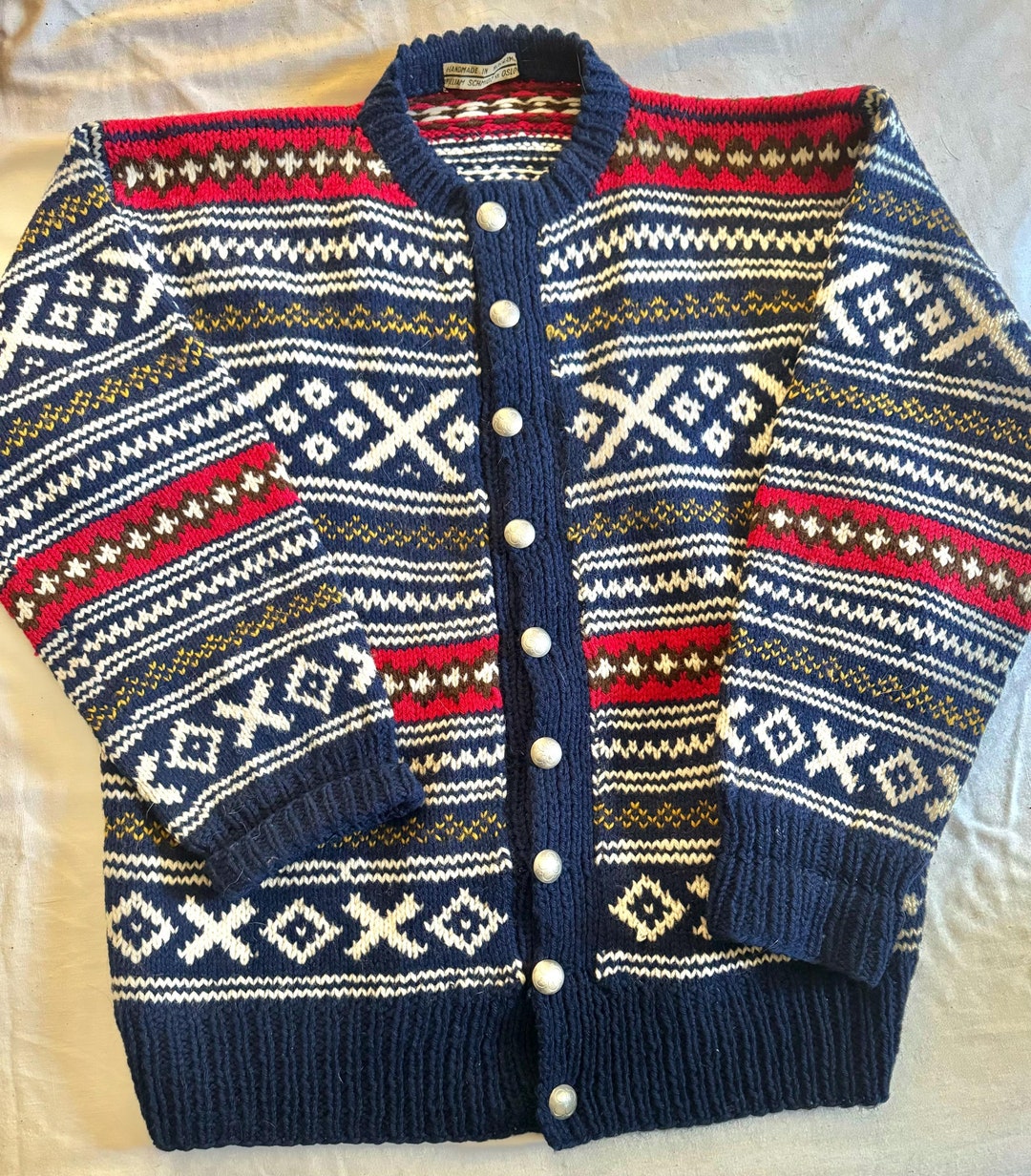 Men NORWEGIAN SWEATER CARDIGAN, Hand Made, Wm Schmidt Oslo, Pewter ...