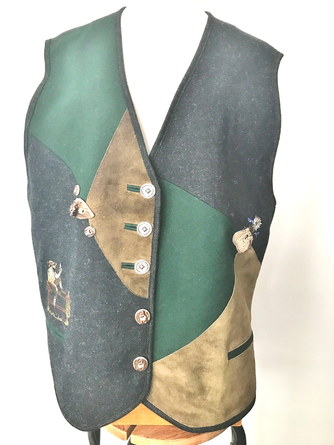 Xl EMBROIDERED LODEN LEATHER Vest, Green&black Wool,brown Suede ...