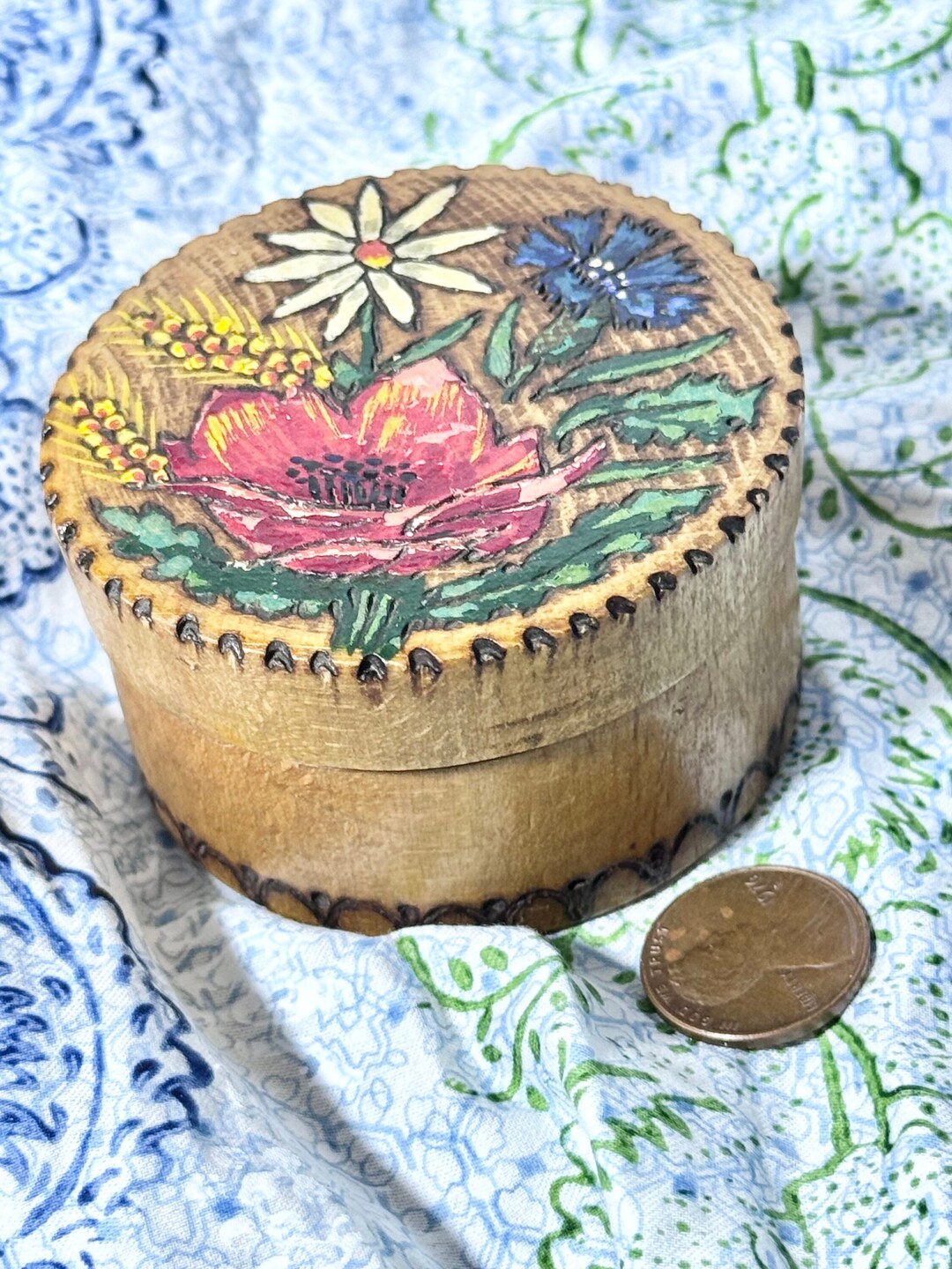 Vintage Pyrography Trinket Box: Hand-painted Summer Flowers, Austrian ...