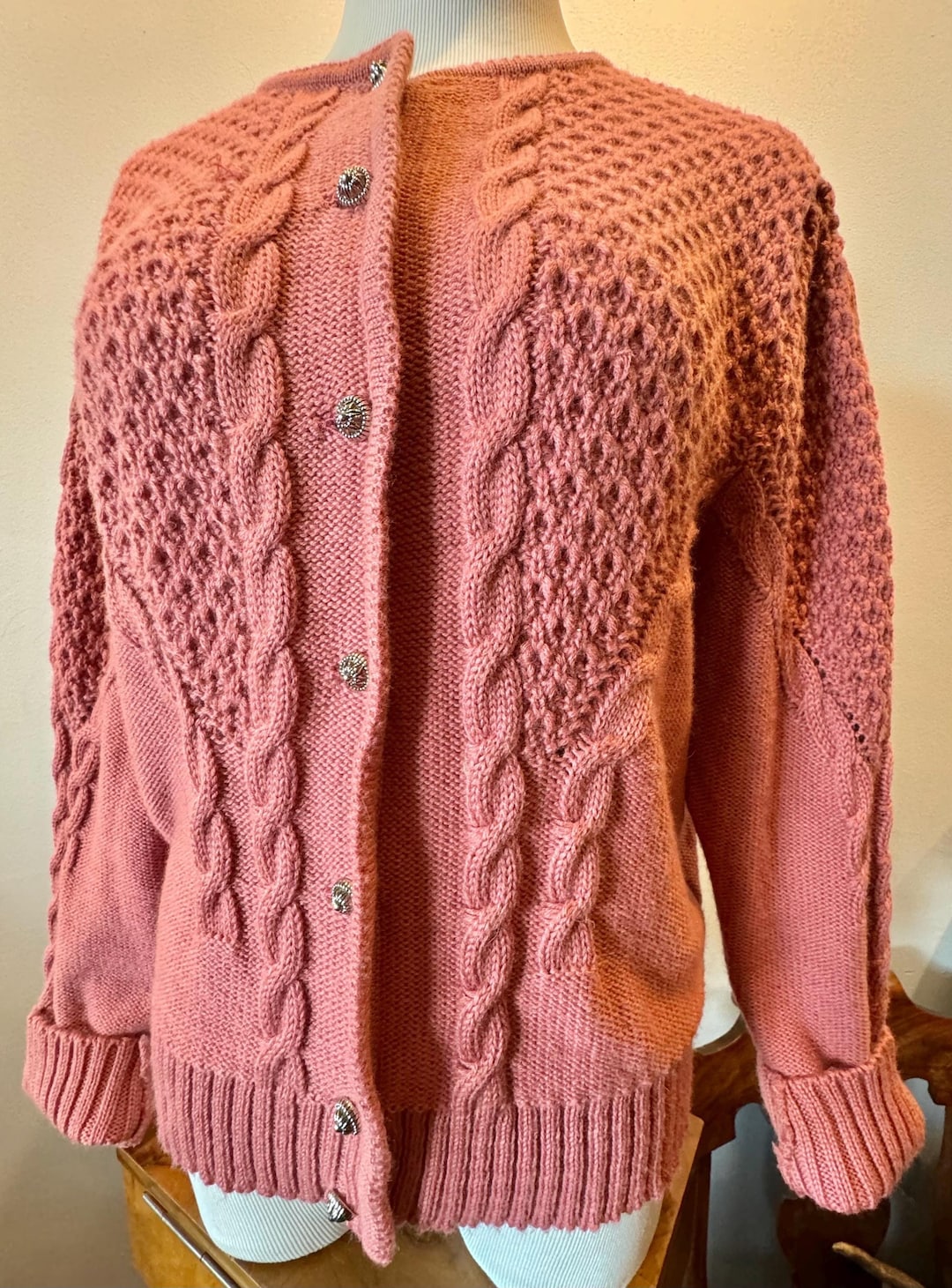 Pink KNITTED TRACHTEN CARDIGAN, Dirndl Sweater, 40 Wool 60 Dralon ...