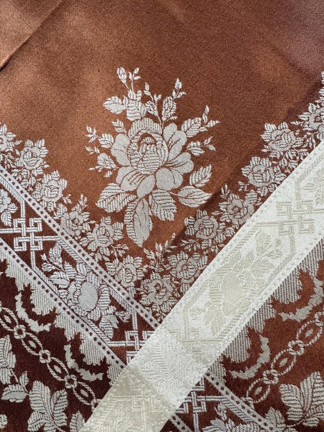 SILK DAMASK DIRNDL Scarf, 2-sided Brown Cream Scarf, Fringed Austrian ...