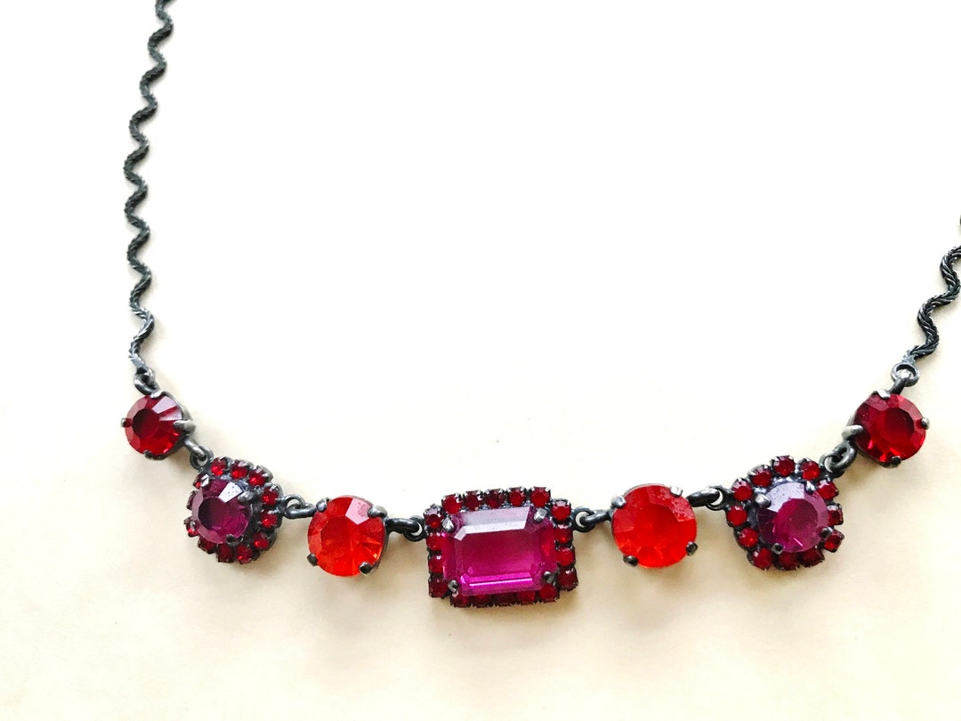 Vintage Atlantis Necklace: Ruby Red & Orange Faceted Stones, Made in ...