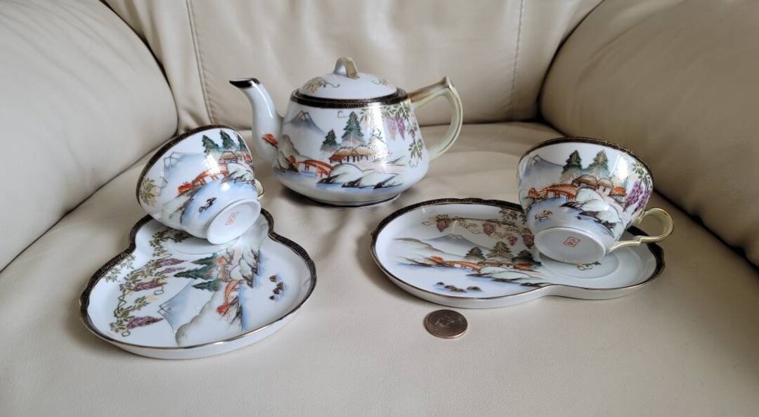 Vintage Japanese Porcelain Teapot and Two Teacups With Luncheon Saucers ...