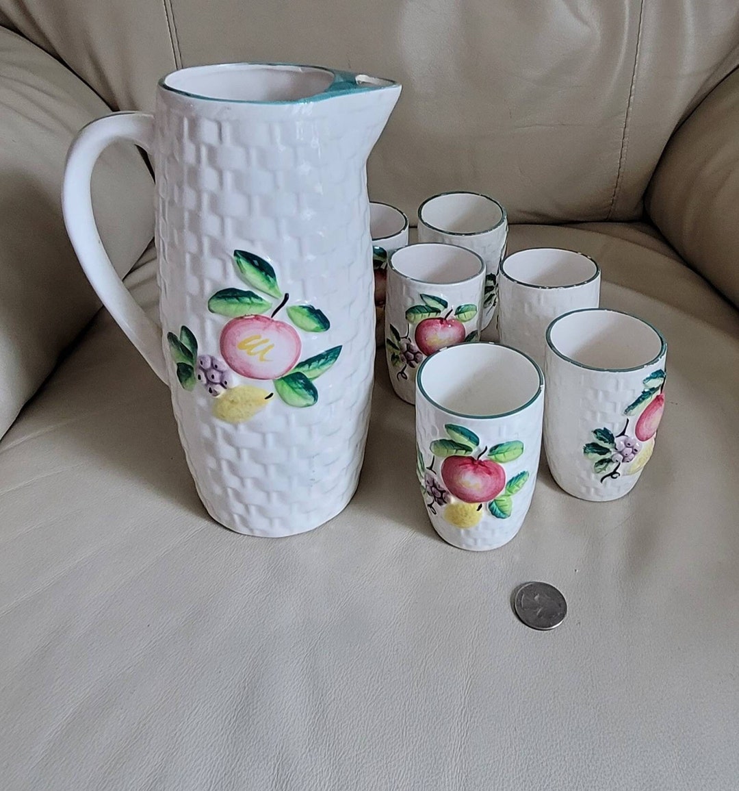 Vintage Porcelain Pitcher and Six Cups Basket Weave and Fruit Decor ...