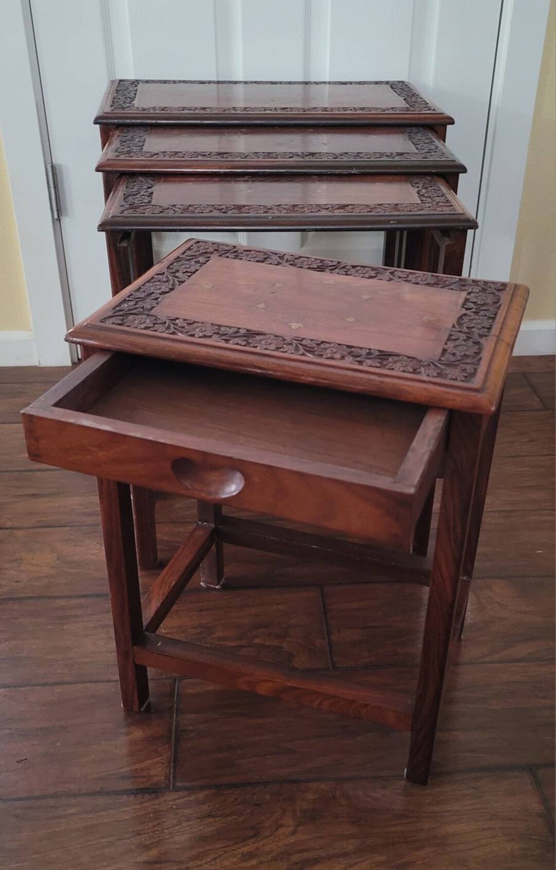 Vintage Set of 4 Wooden Nesting Tables With Brass Inlay Top Design, LG ...