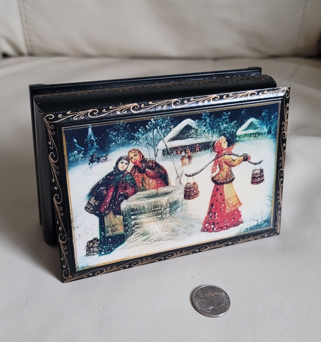 Boyarinoff Russian Lacquer Tea Box With Winter Scenery Vintage Wooden ...