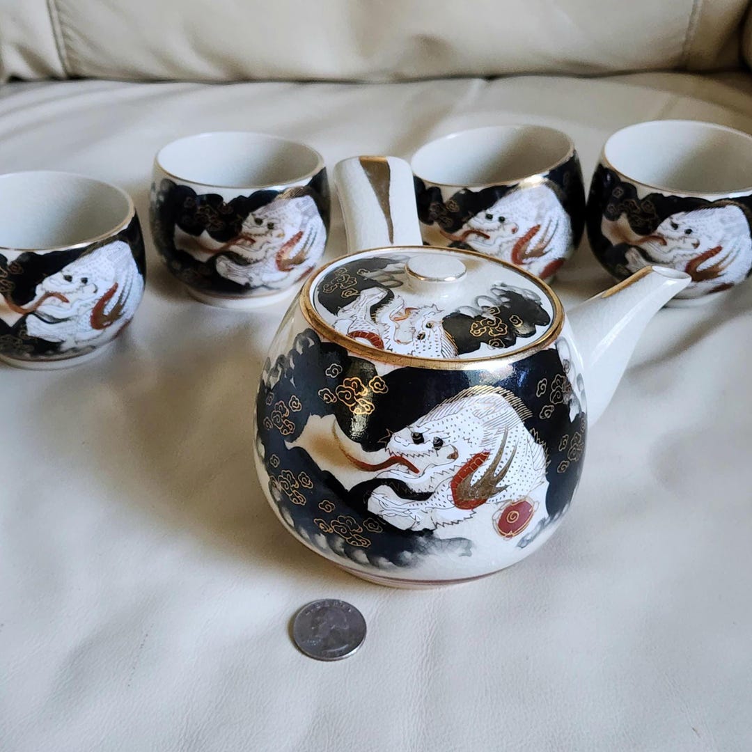 Vintage Japanese Dragon Tea Set: Moriage Gold Trim, Nisshoen Mark ...