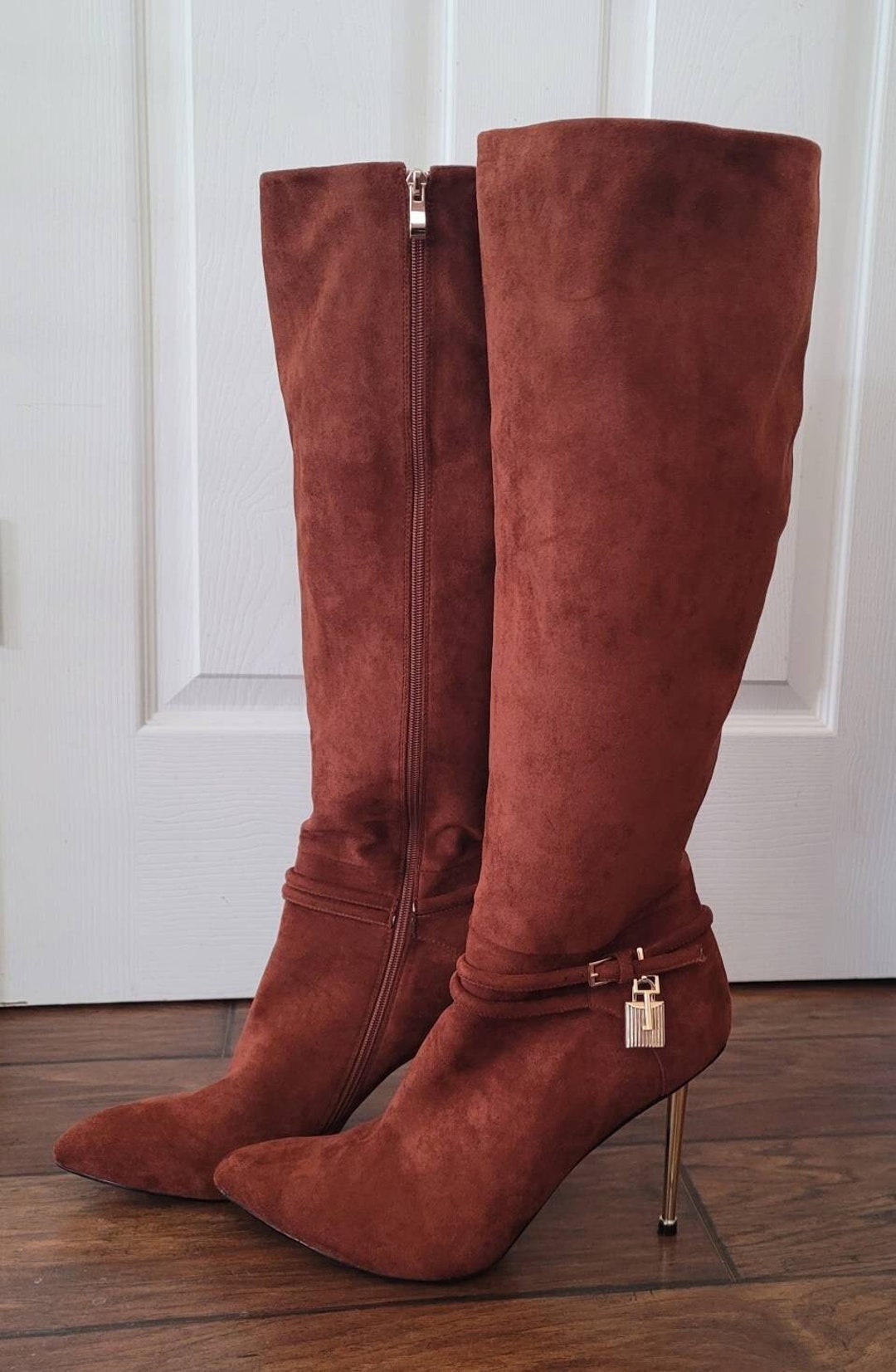 Elegant Camel Brown Over the Knee Boots. 4-1/4 Metal Heels, Gold Lock ...
