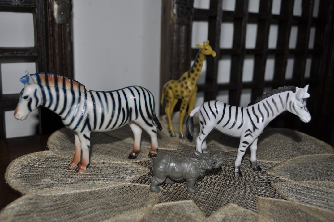 Wild Safari Play Set of Four Animals Two Zebras, Giraffe, and a Rhino ...