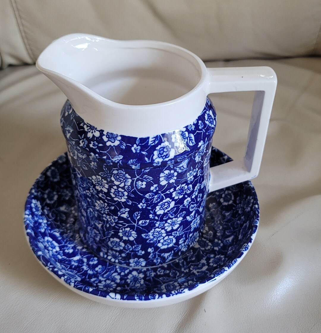 Colonial Floral Calico Set of a Pitcher and Bowl in White and Blue ...