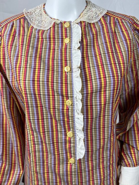 Vintage 1970s Cheque Shirt, Cute Ruffle Check Shirt - Gem
