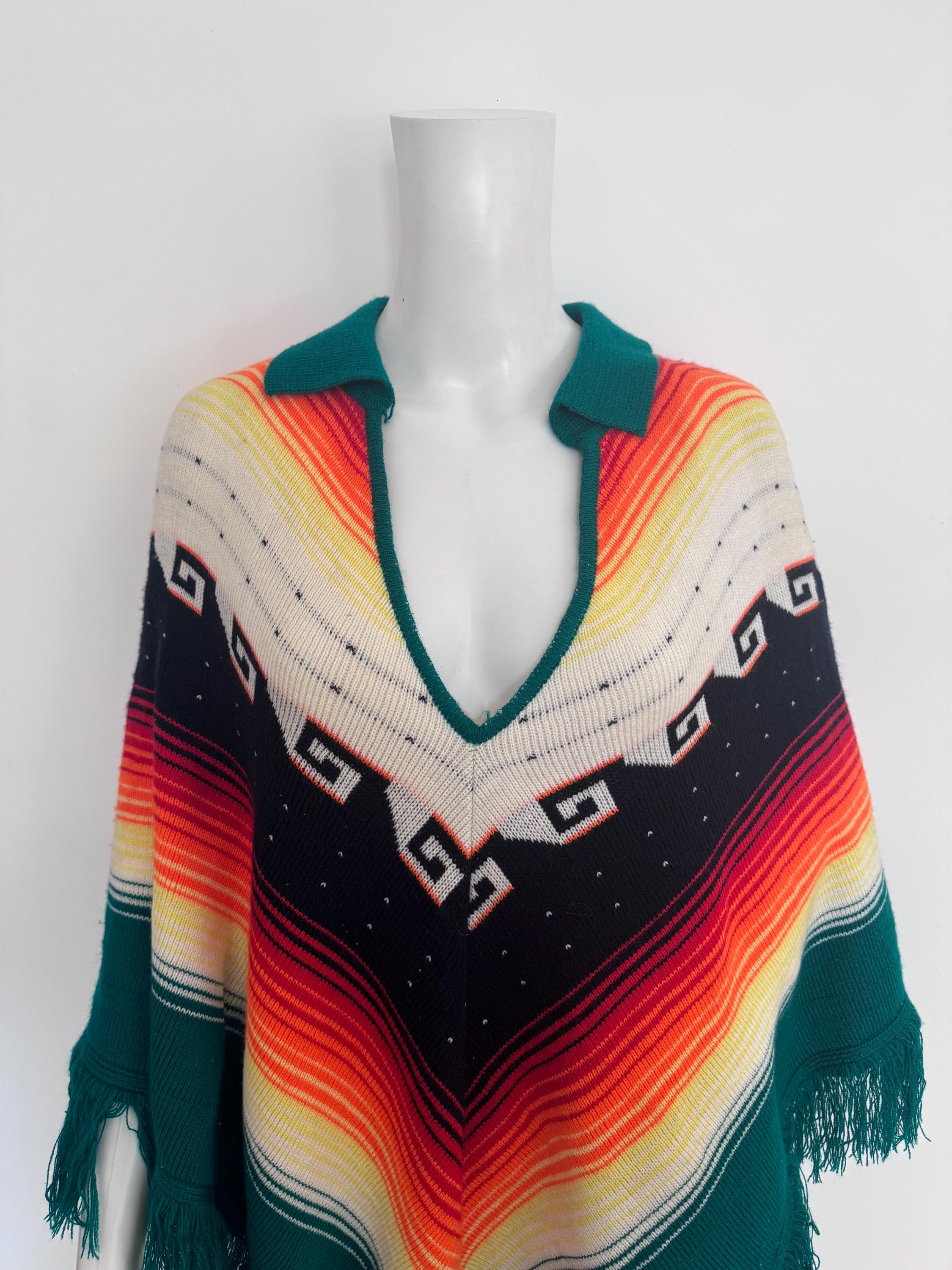 Vintage 1970s Hand Knitted Poncho. Great Green and Orange Colours. One ...