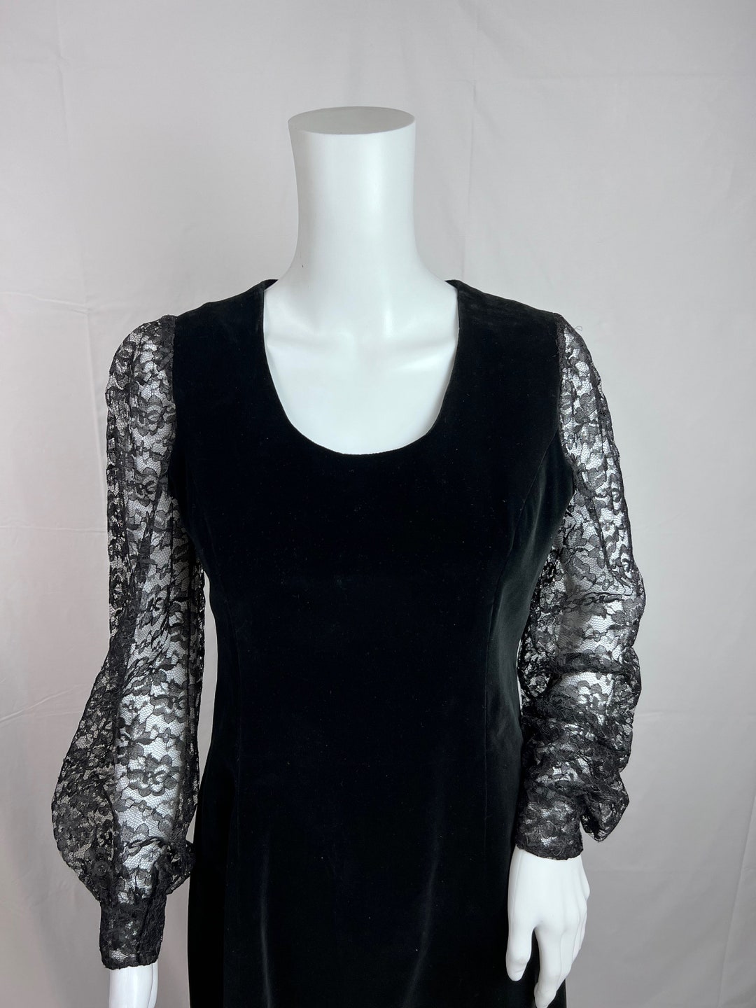 Vintage 1980s Black Velvet Maxi Dress, Lace and Velvet Dress, Gothic ...