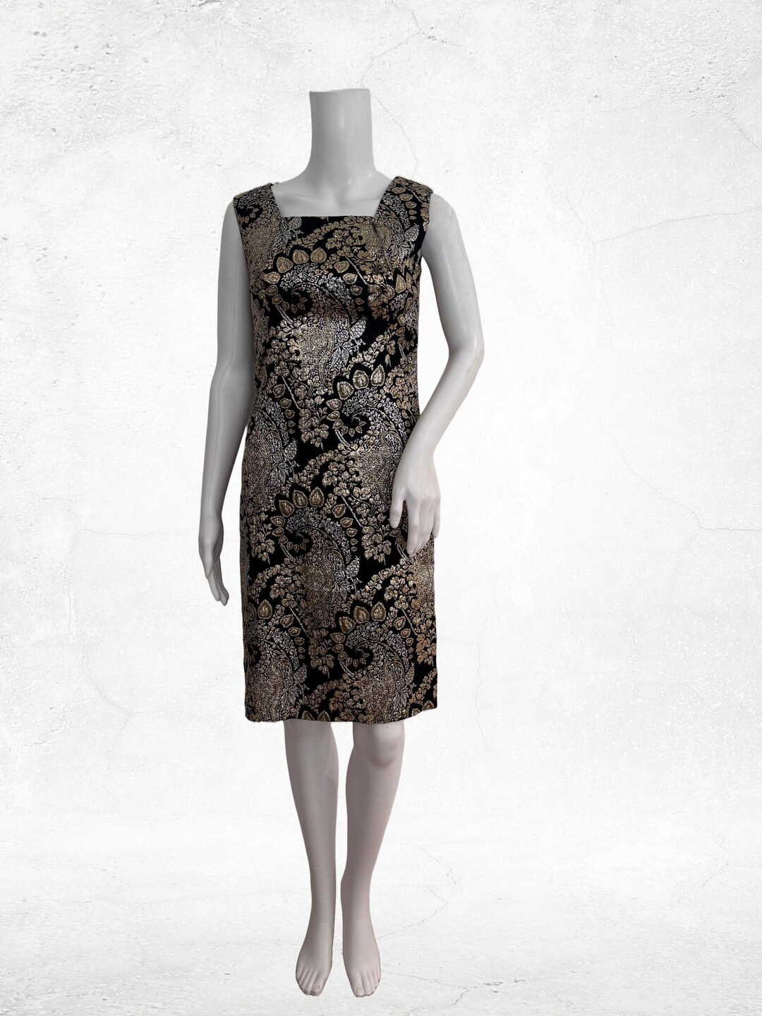 Vintage 1960s Peggy French Black and Gold Brocade Dress. Metallic ...