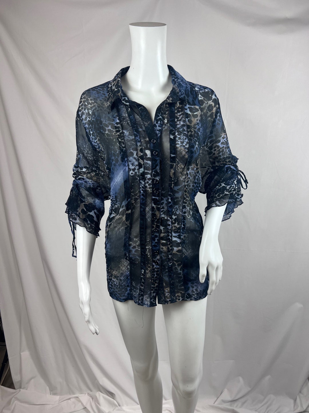 Vintage 1980s Blue Leopard Print Sheer Shirt, Blue Blouse, Leopard ...