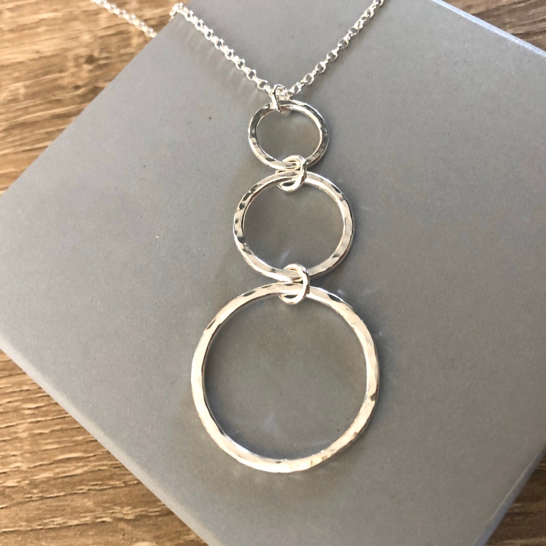 Long Sterling Silver Three Circle Necklace, Hammer Texture Circles ...
