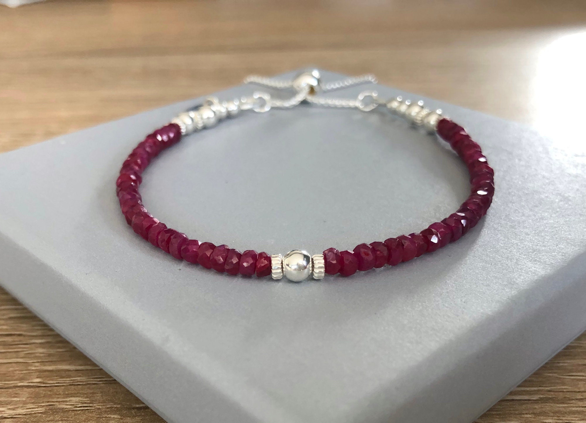 Ruby Heart Charm Bracelet Sterling Silver Adjustable Slider - Etsy UK