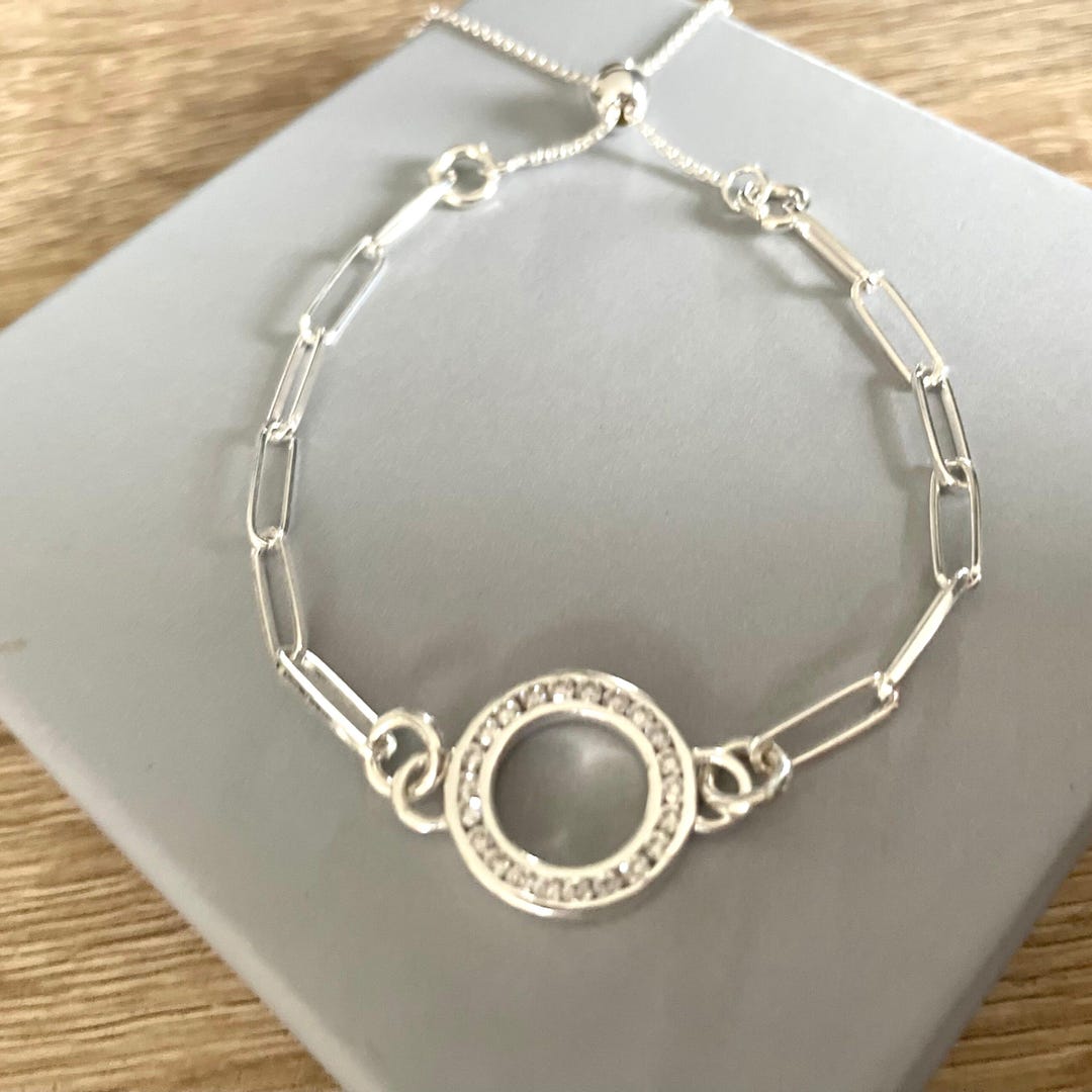 Sterling Silver Circle Paper Clip Bracelet, Cubic Zirconia Adjustable ...