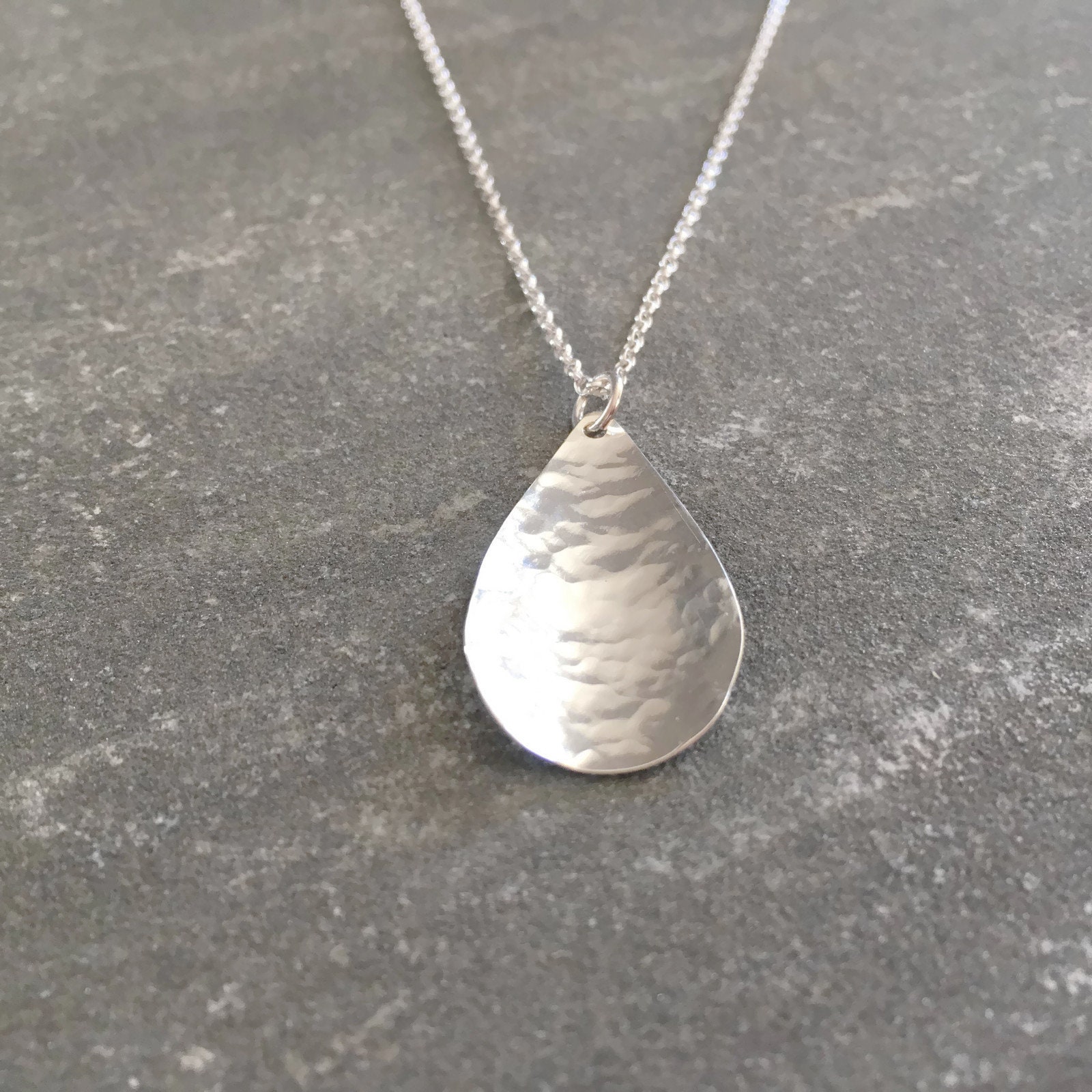 Sterling Silver Hammer Textured Teardrop Necklace 925 Silver - Etsy UK