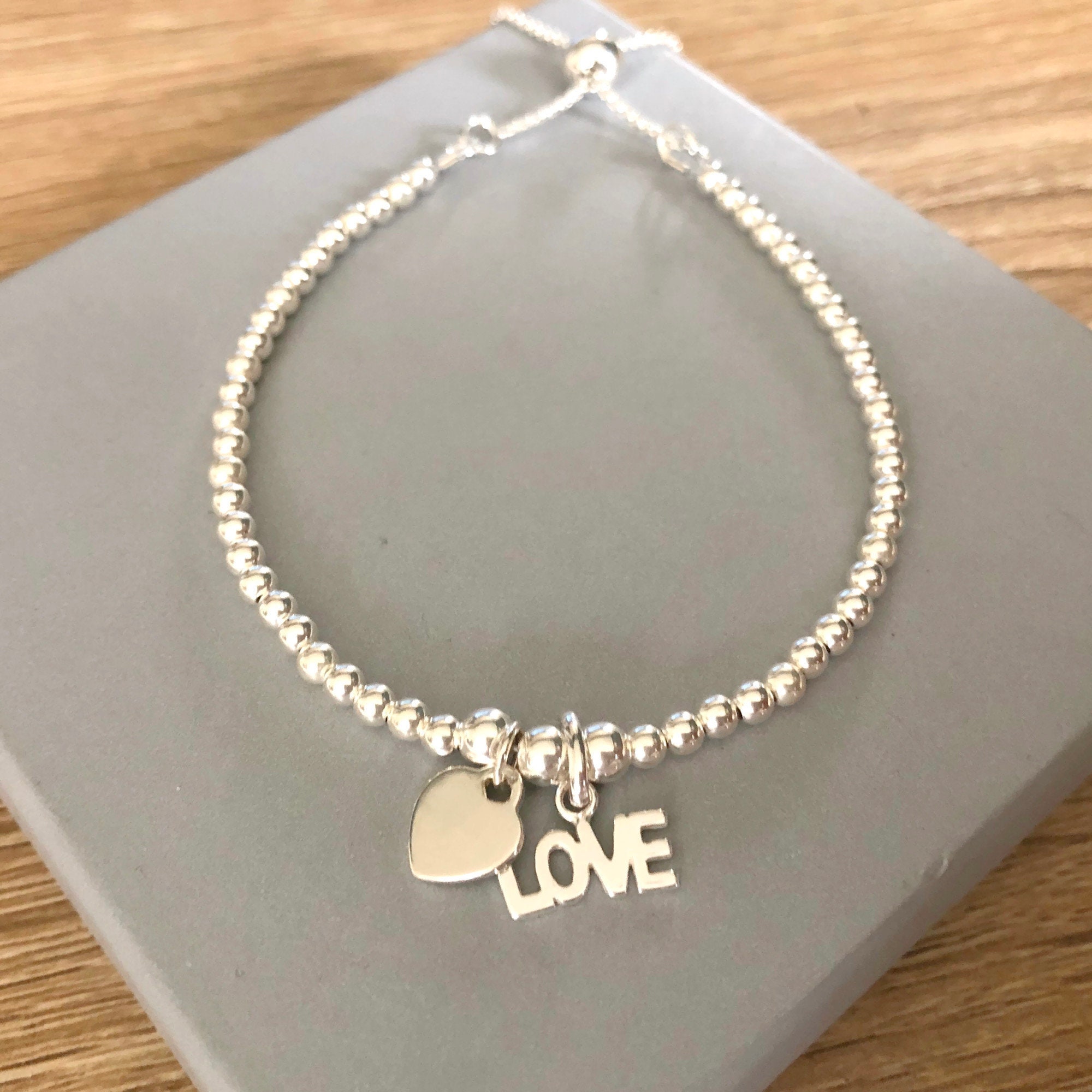 Sterling Silver Love Heart Charm Bracelet Adjustable Slider | Etsy