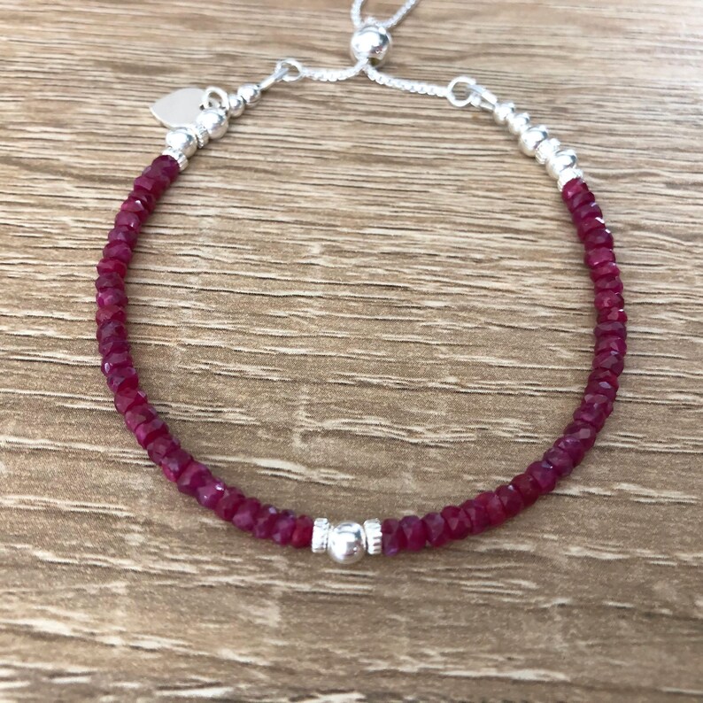 Ruby Heart Charm Bracelet Sterling Silver Adjustable Slider - Etsy UK