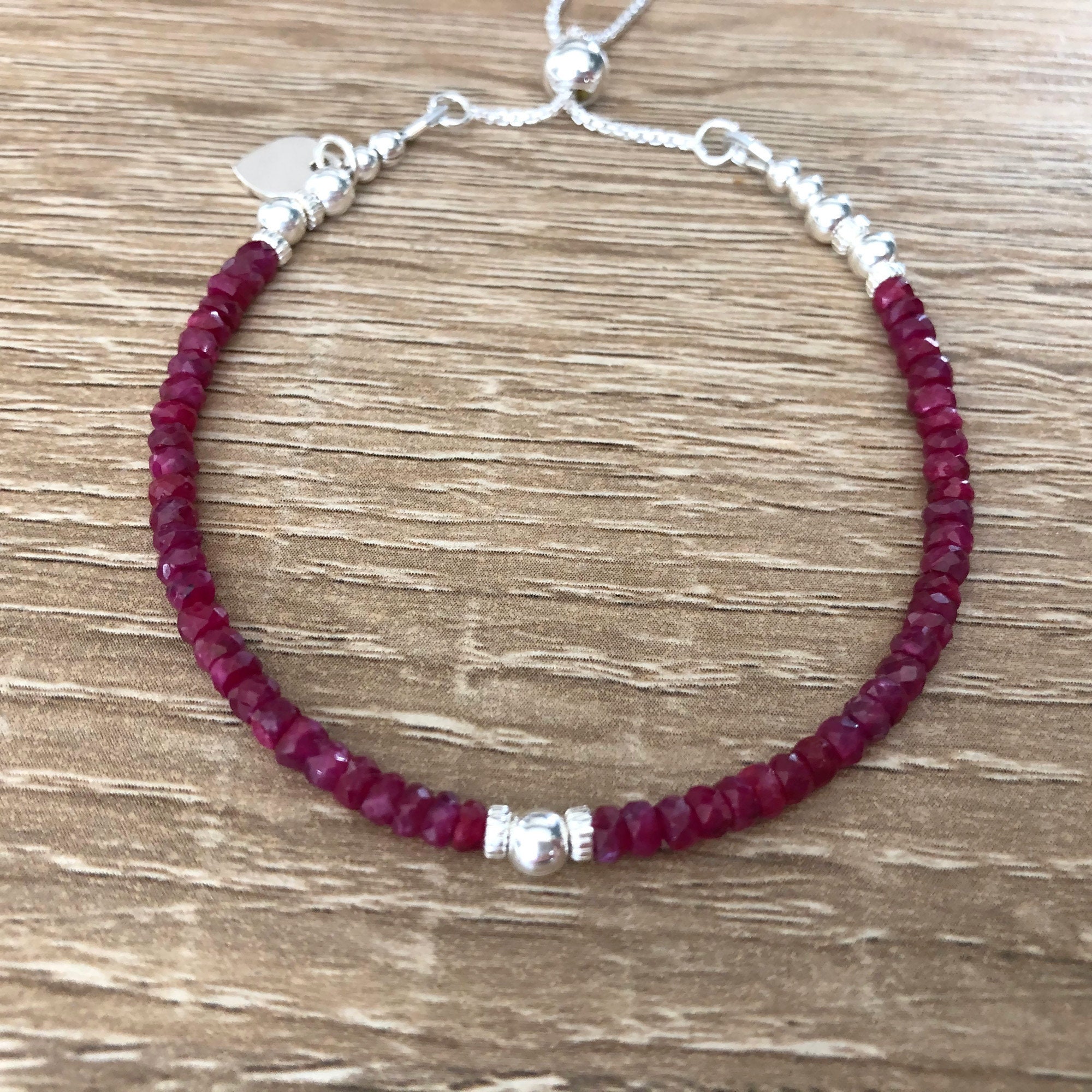 Ruby Heart Charm Bracelet Sterling Silver Adjustable Slider - Etsy UK