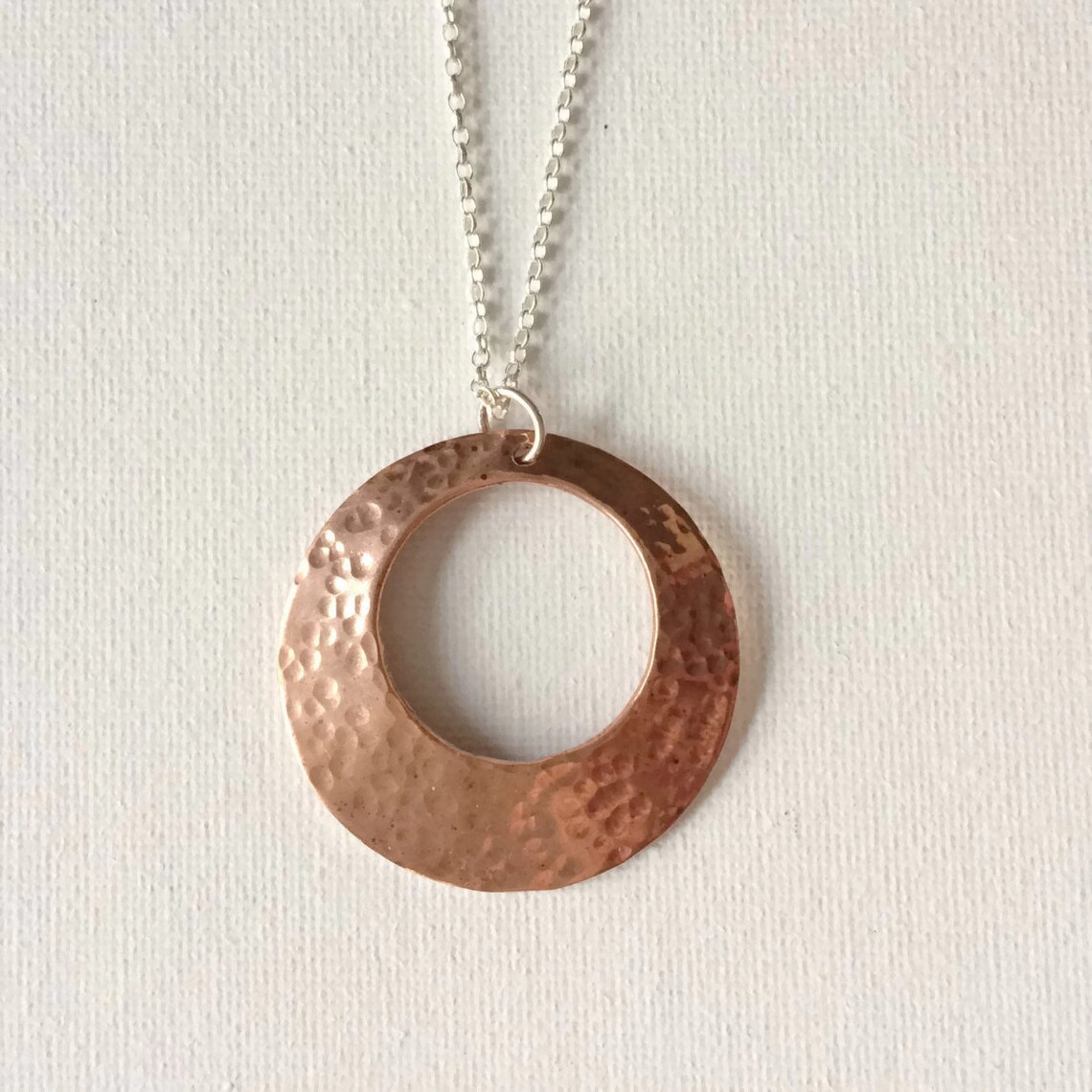 Hammer Textured Copper Circle Necklace Sterling Silver Mixed | Etsy