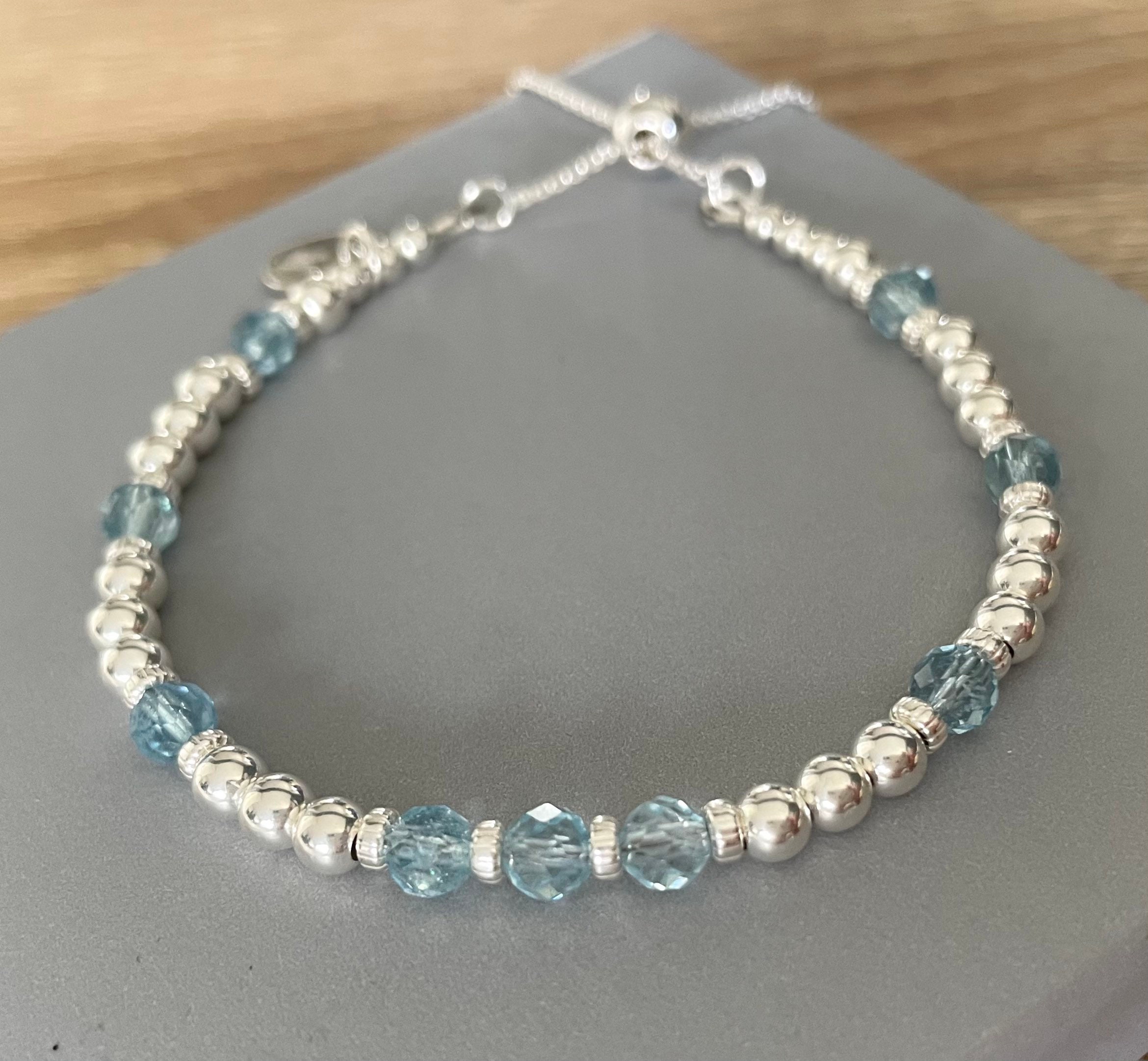 Blue Aquamarine Heart Charm Bracelet Sterling Silver Gemstone | Etsy
