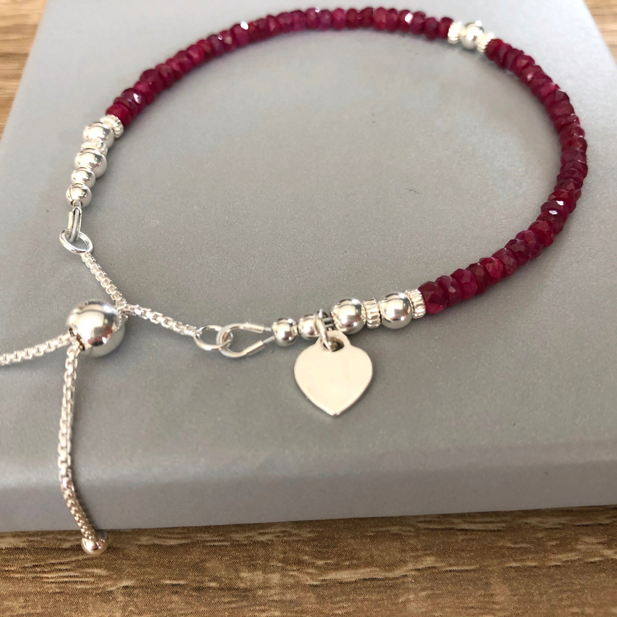 Ruby Heart Charm Bracelet Sterling Silver Adjustable Slider - Etsy UK