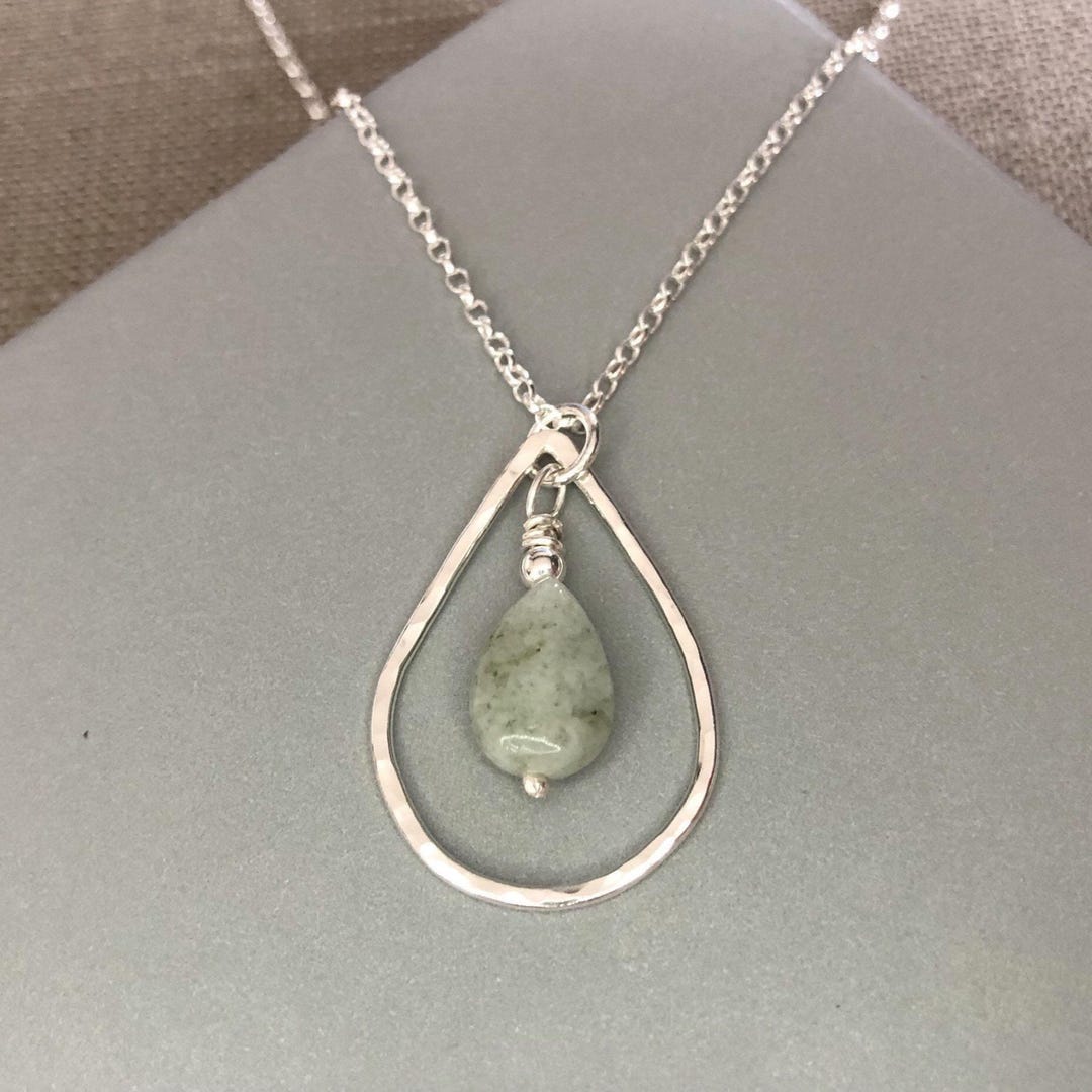 Green Jadeite Teardrop Necklace, Sterling Silver Jade Hammer Texture ...