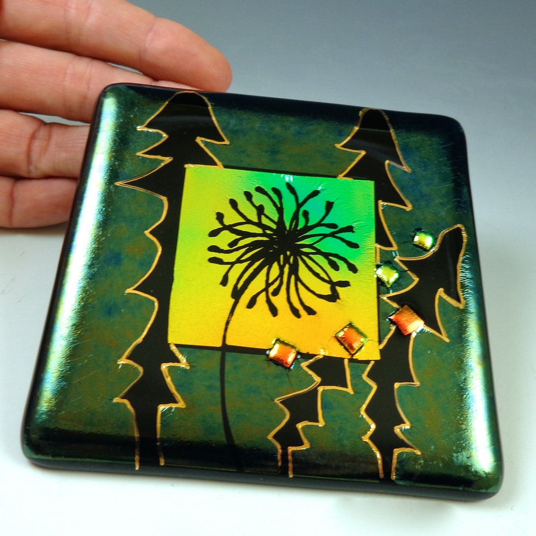 Dandelion Art Glass Wall Tile, Fused Glass, Dichroic - Kiln-formed ...