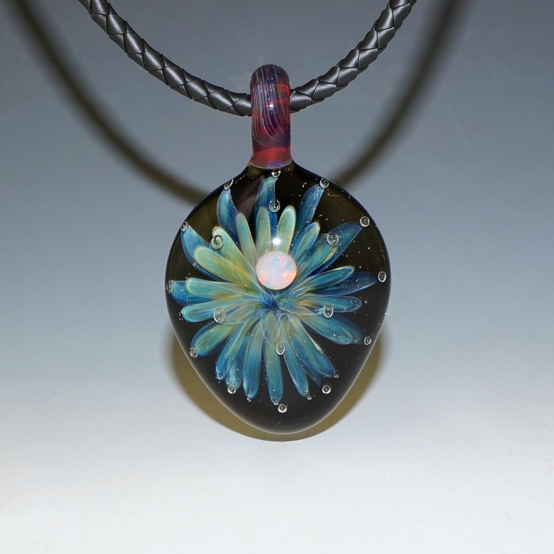 Blue Sea Anemone Glass Pendant With White Opal, Air Trap - Flamework ...