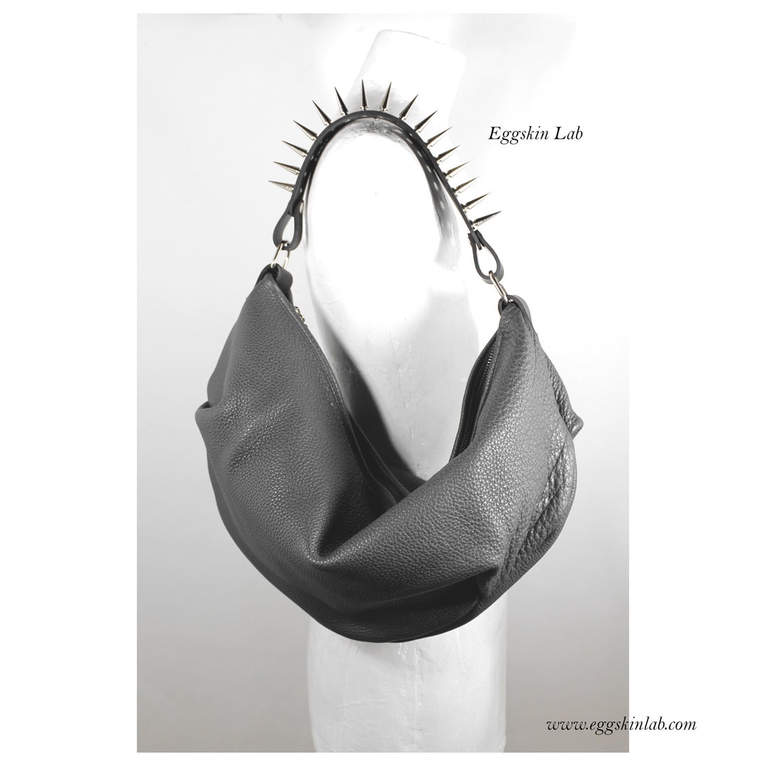 Gray Leather Hobo Bag Punk Cyberpunk, Medium Sized Soft Purse With ...