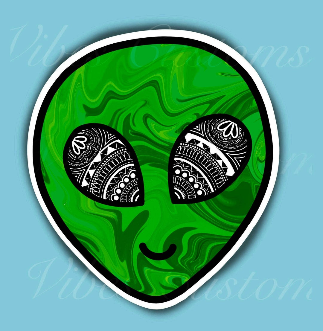 Green Trippy Alien Outer Space 3 Inch White Background Water Resistant ...